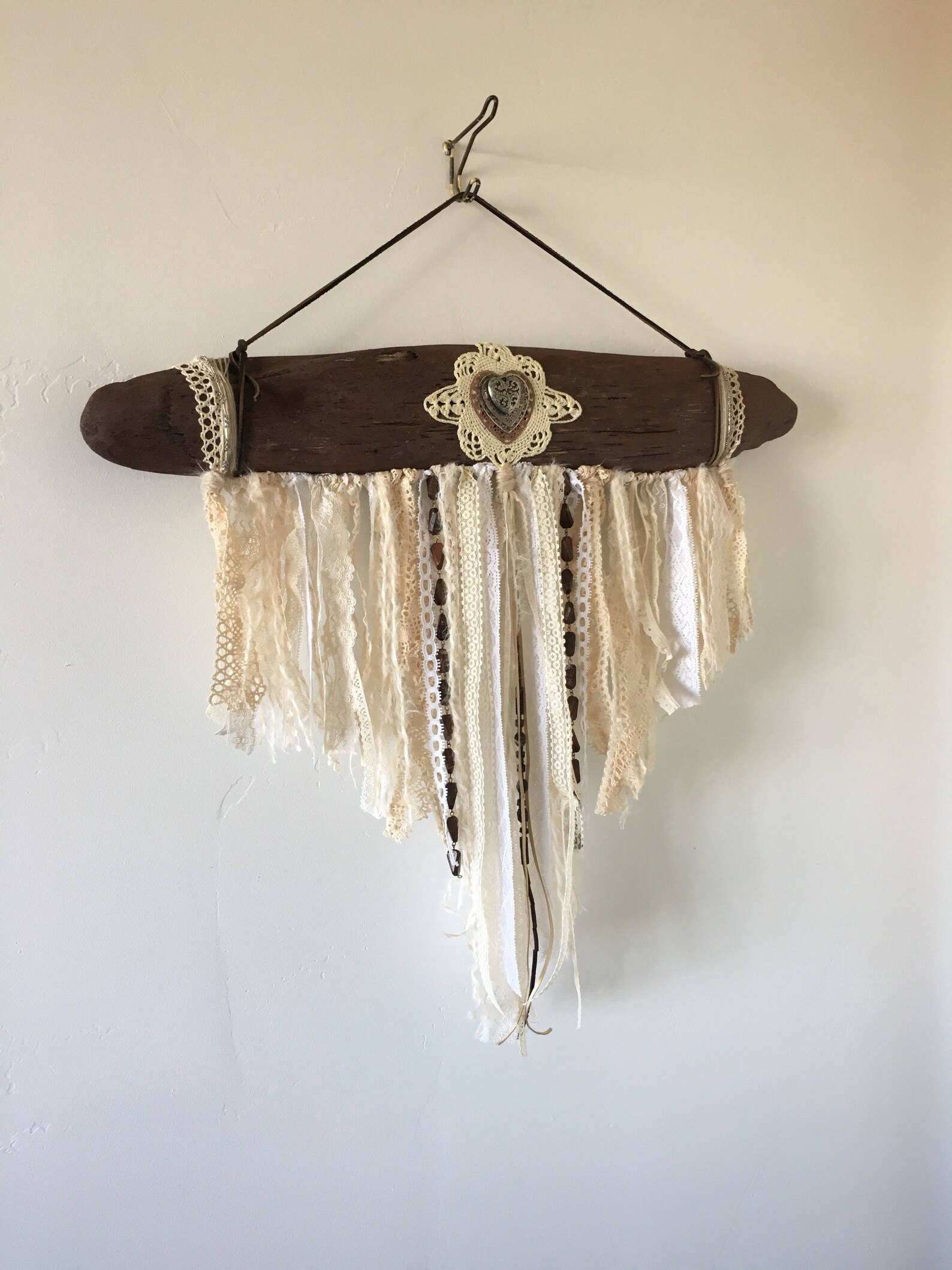 Driftwood Wall Hanging / Bohemian Decor / Fiber Art / Lace | Etsy