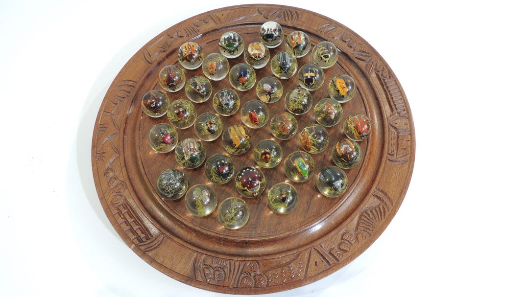 Vintage Carved Wooden Solitaire Game – Resin Balls With Insects ...