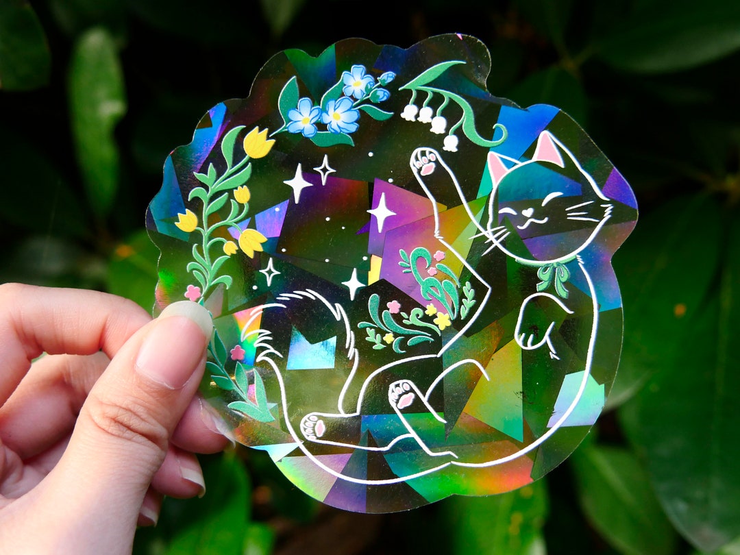 Rainbow Suncatcher | Blooming Kitten | Holographic Clear Sticker ...