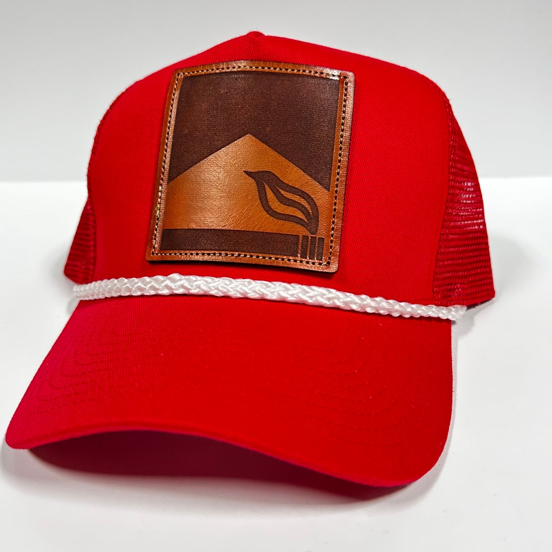 Cigarette Genuine Rawhide Leather Patch Sewn on a Red Mesh Trucker ...