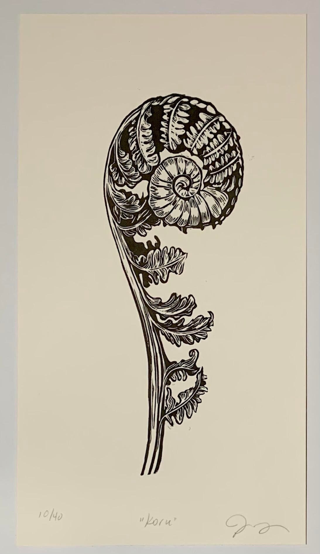 Hand Carved and Printed Limited Edition Linocut Koru Print - 14" H X 8 ...