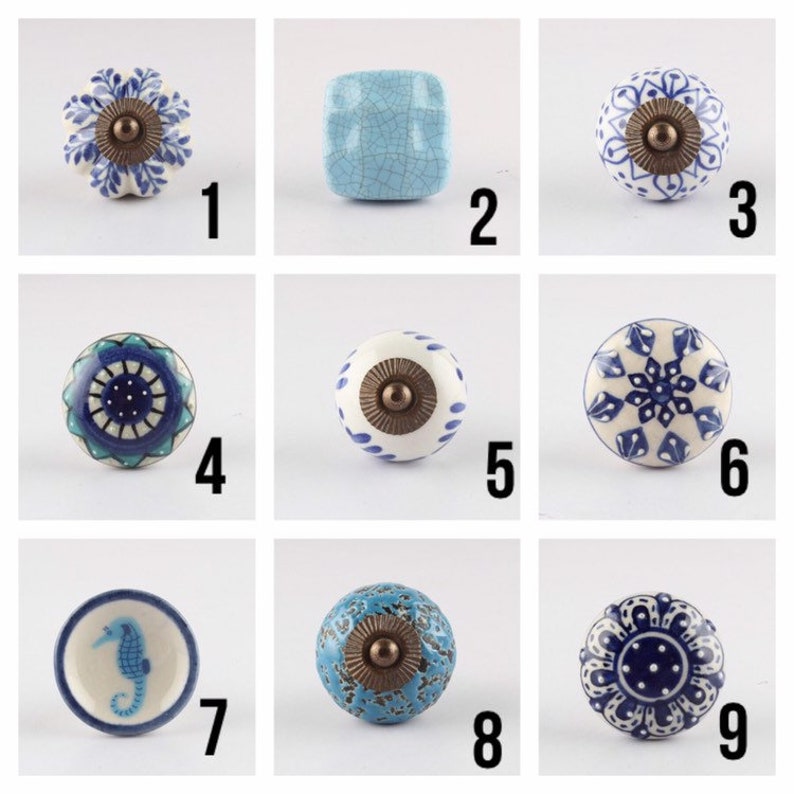 1x Kitchen Cupboard Door Knobs in White With Blue Floral Print - Etsy ...