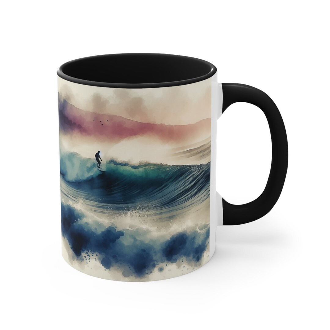 Surfer Illustration in Watercolors Two-tone Mug, Man Surfing Wave ...
