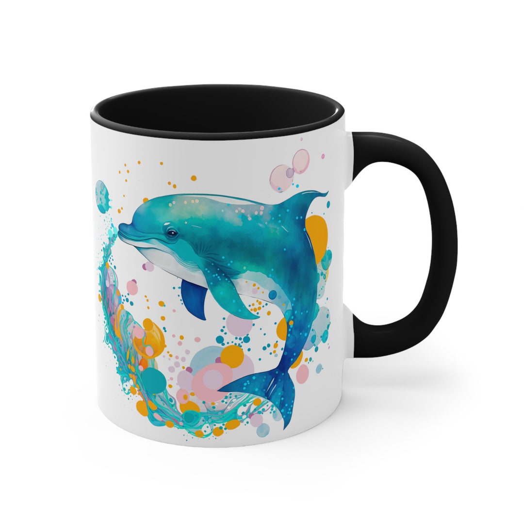 Dolphin Watercolor on Two-toned Coffee Mug, Dolphin Accented Mug ...