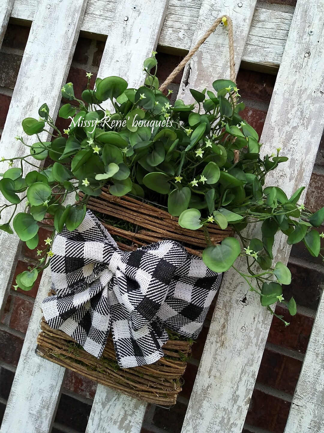 Greenery Basket Wreath: Plaid Burlap Bow Wall Decor - Etsy