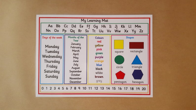 My Learning Mat Numbers Colours Alphabet Shapes Days | Etsy UK