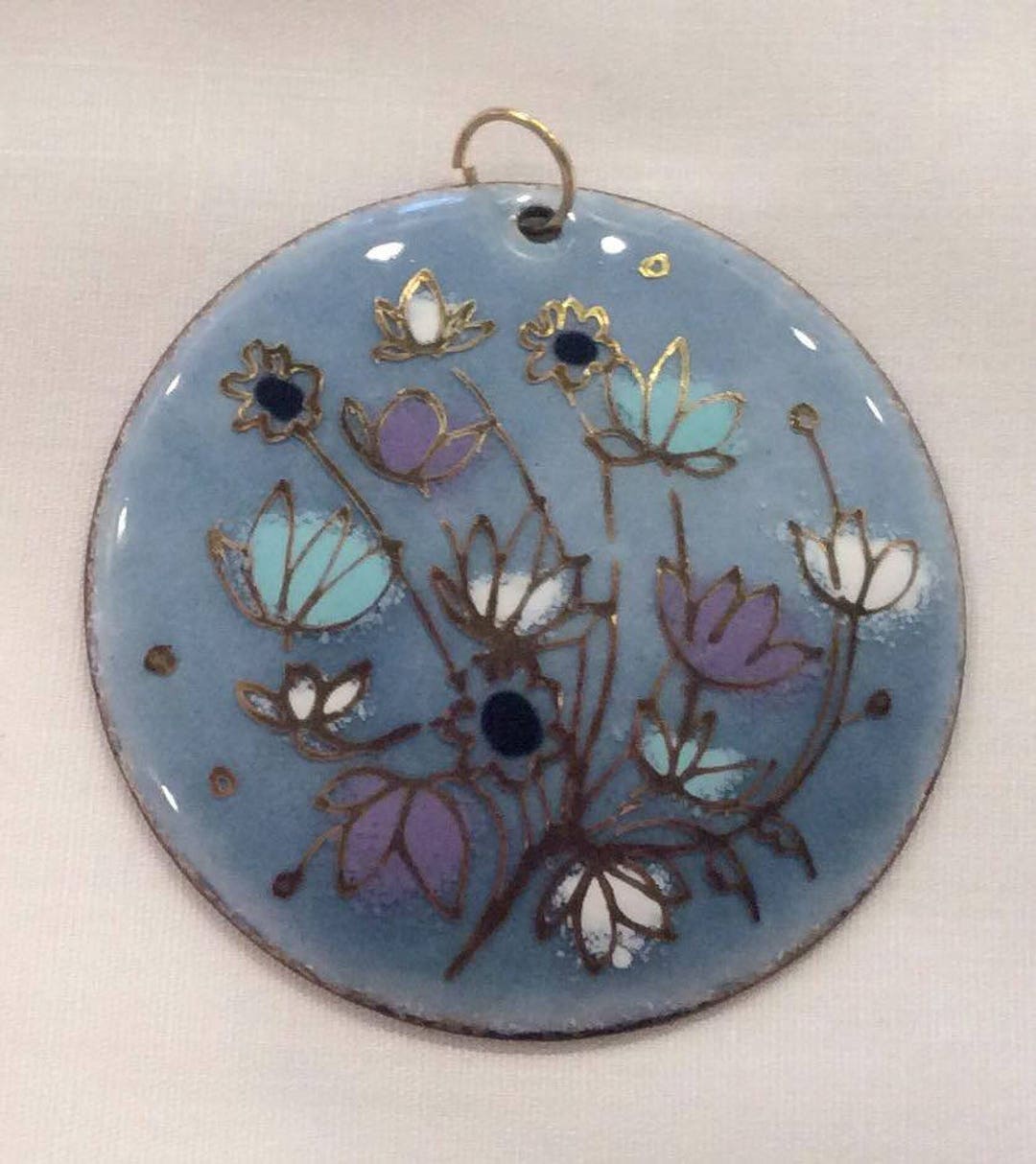 Gerte Hacker Enamelware Pendant RARE Vintage Blue Floral Gold - Etsy