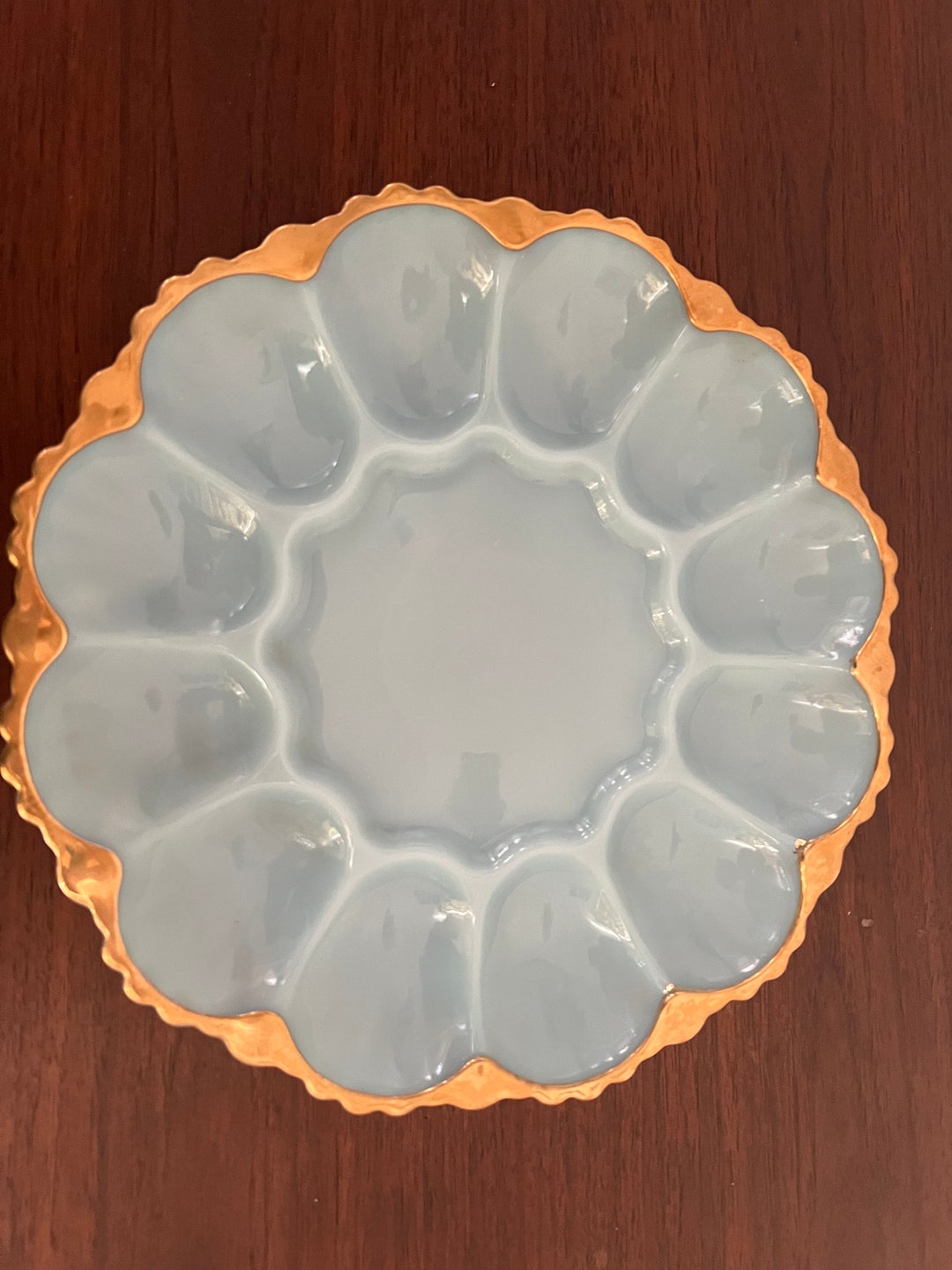 Vintage Deviled Egg Plate Blue Milk Glass With Gold Trim - Etsy