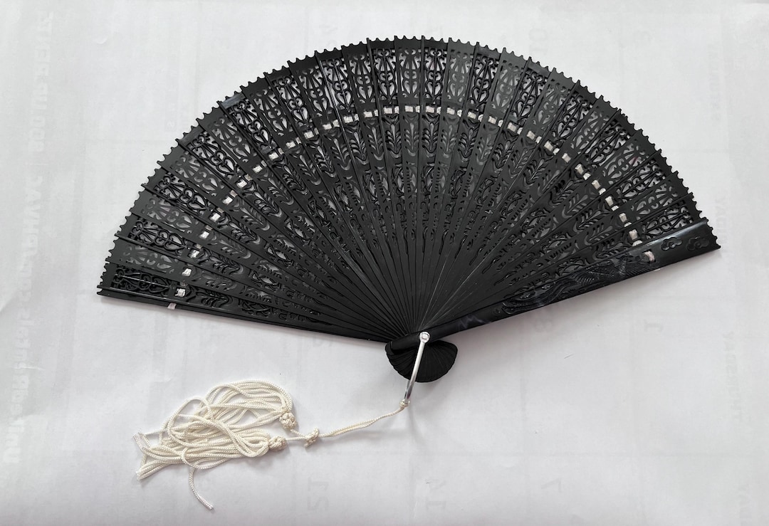 Vintage Hand Held Fan Black With Cut Outs Bird Design in Original Box ...