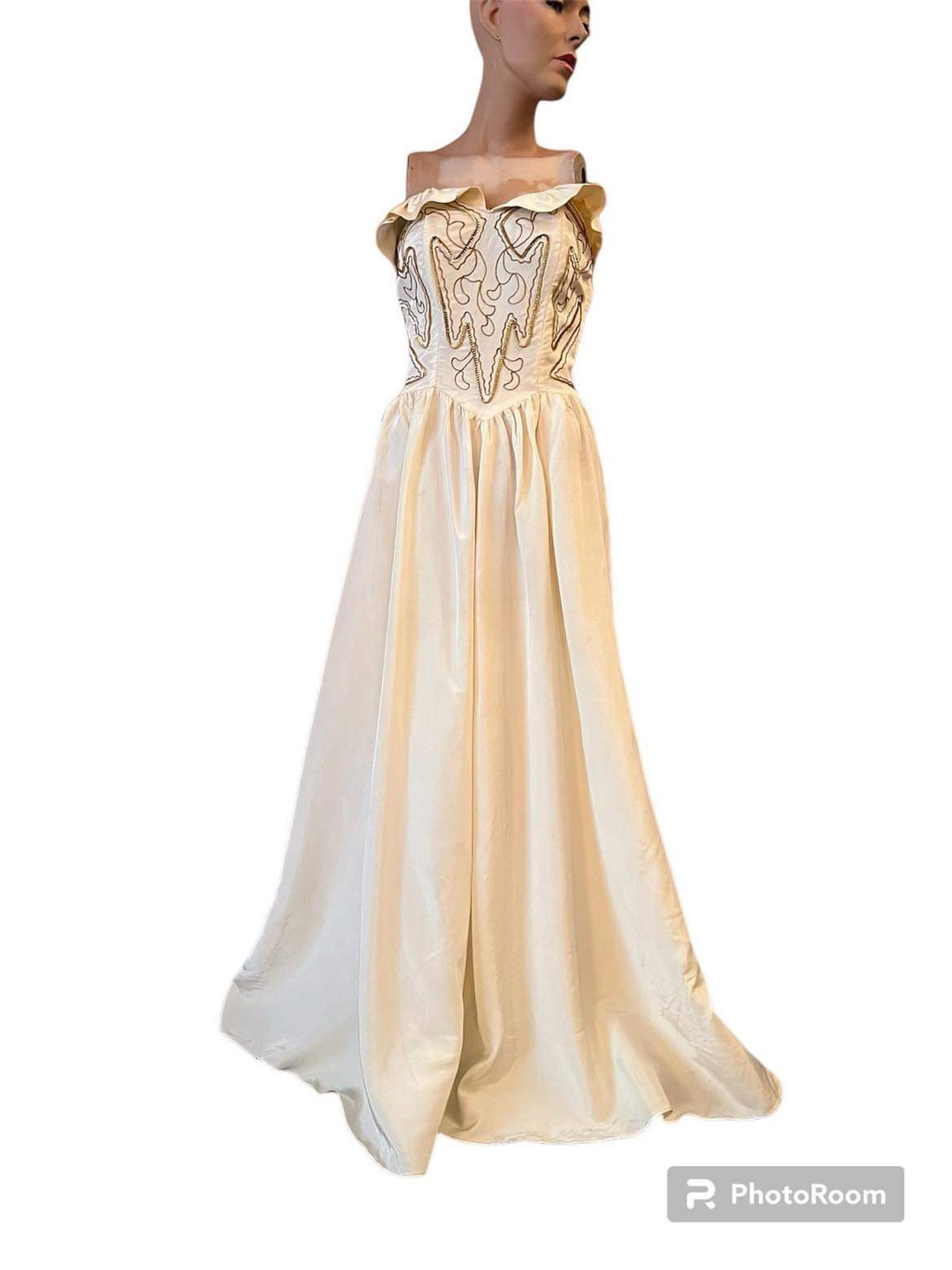 Vintage Ball Gown Champagne Satin With Gold Sequins and Braiding ...