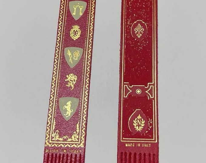 Vintage Leather Bookmarks Made in Italy Red Gold Embossed Fringe Ends 2 ...