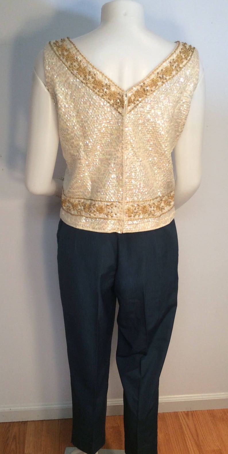 Sleeveless Gold Beaded and Sequin Top Vintage Size M White Rockabilly ...