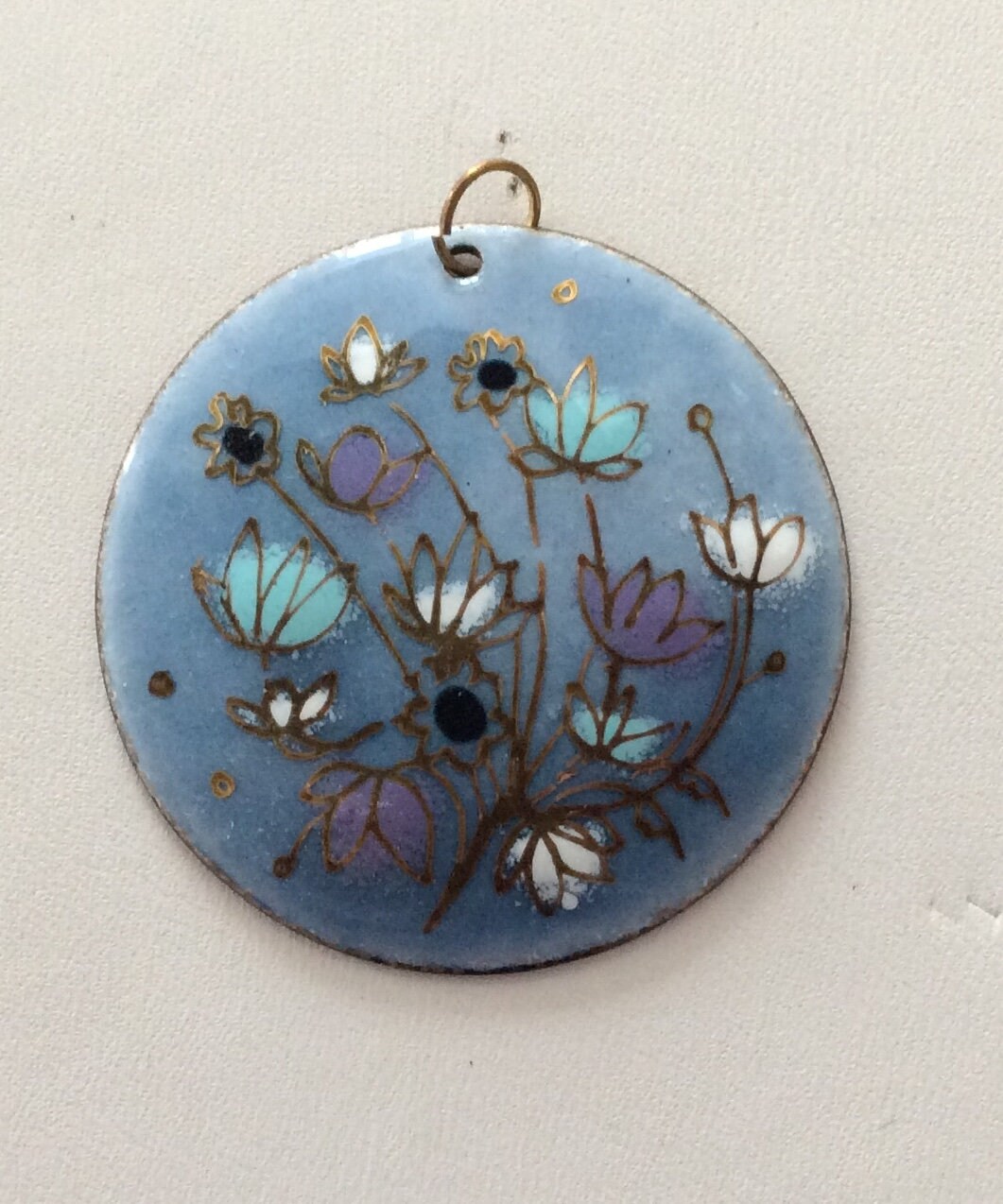 Gerte Hacker Enamelware Pendant RARE Vintage Blue Floral Gold - Etsy