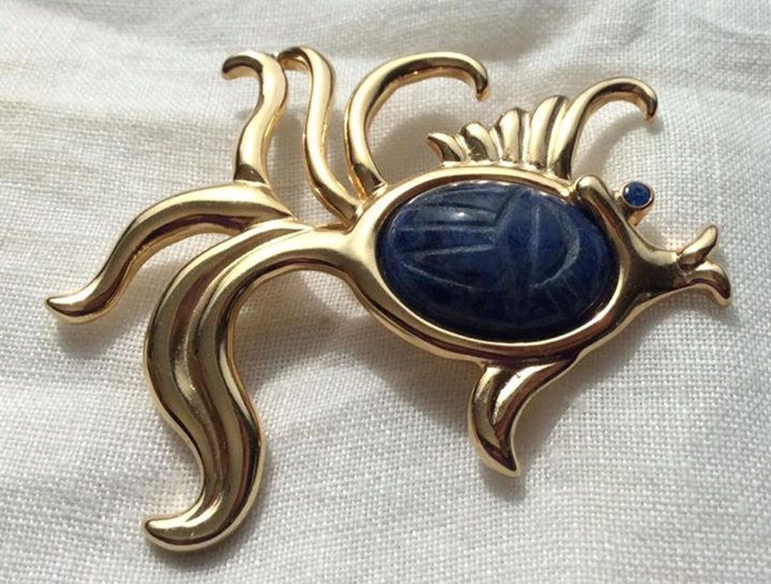 Fish Brooch Blue Scarab Belly Kissing Fish Angelfish Eqyptian Revival ...