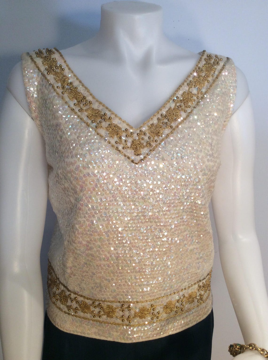 Sleeveless Gold Beaded and Sequin Top Vintage Size M White - Etsy