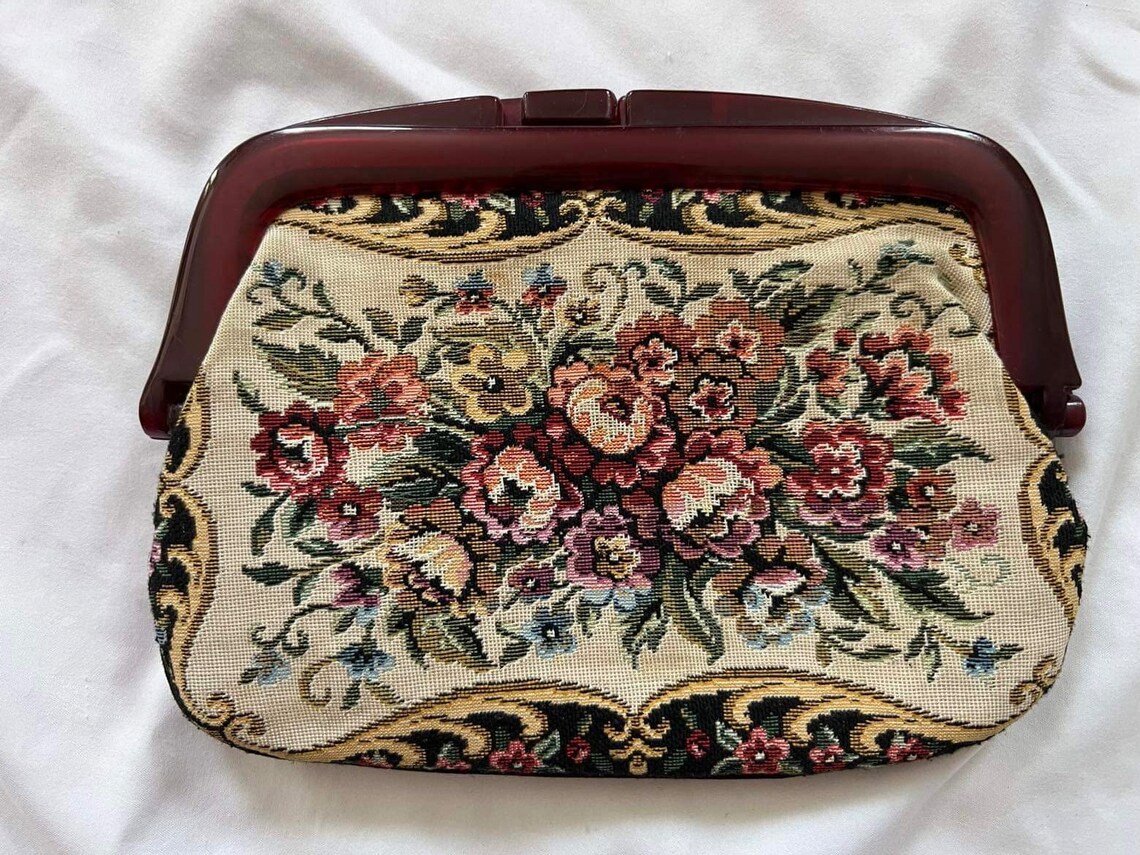 Vintage Clutch Purse Floral Tapestry Brown Handle Spun Rayon Lined by ...