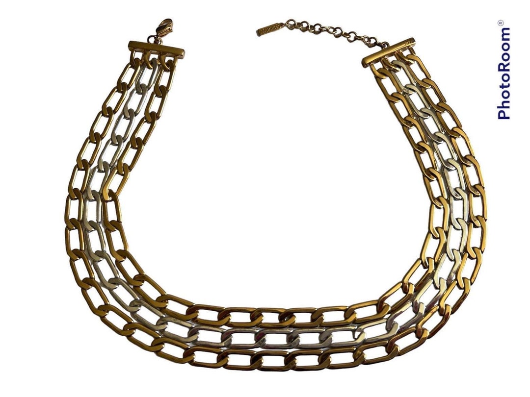 Vintage NAPIER Triple Strand Chain Heavy Links Chunky Necklace Gold and ...