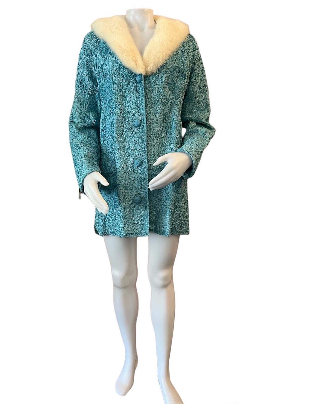 Vintage 1960s Coat Cocktail Ribbon Coat Turquoise With White Mink ...