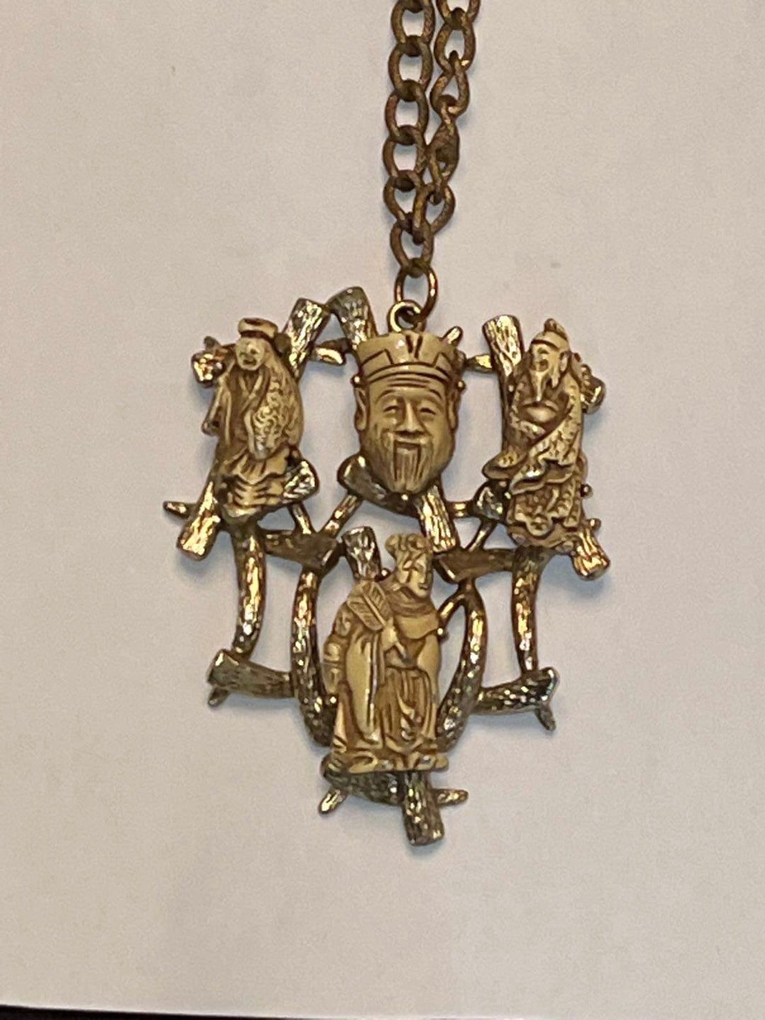 Vintage Asian Gods of Fortune Pendant Necklace COLCO SELRO Good Luck ...
