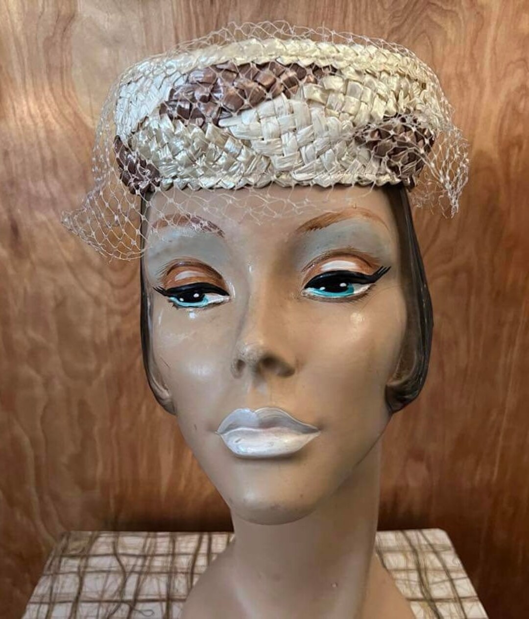 Vintage Woven Raffia Hat With Netting Beige and Brown 1960s Pillbox Hat ...