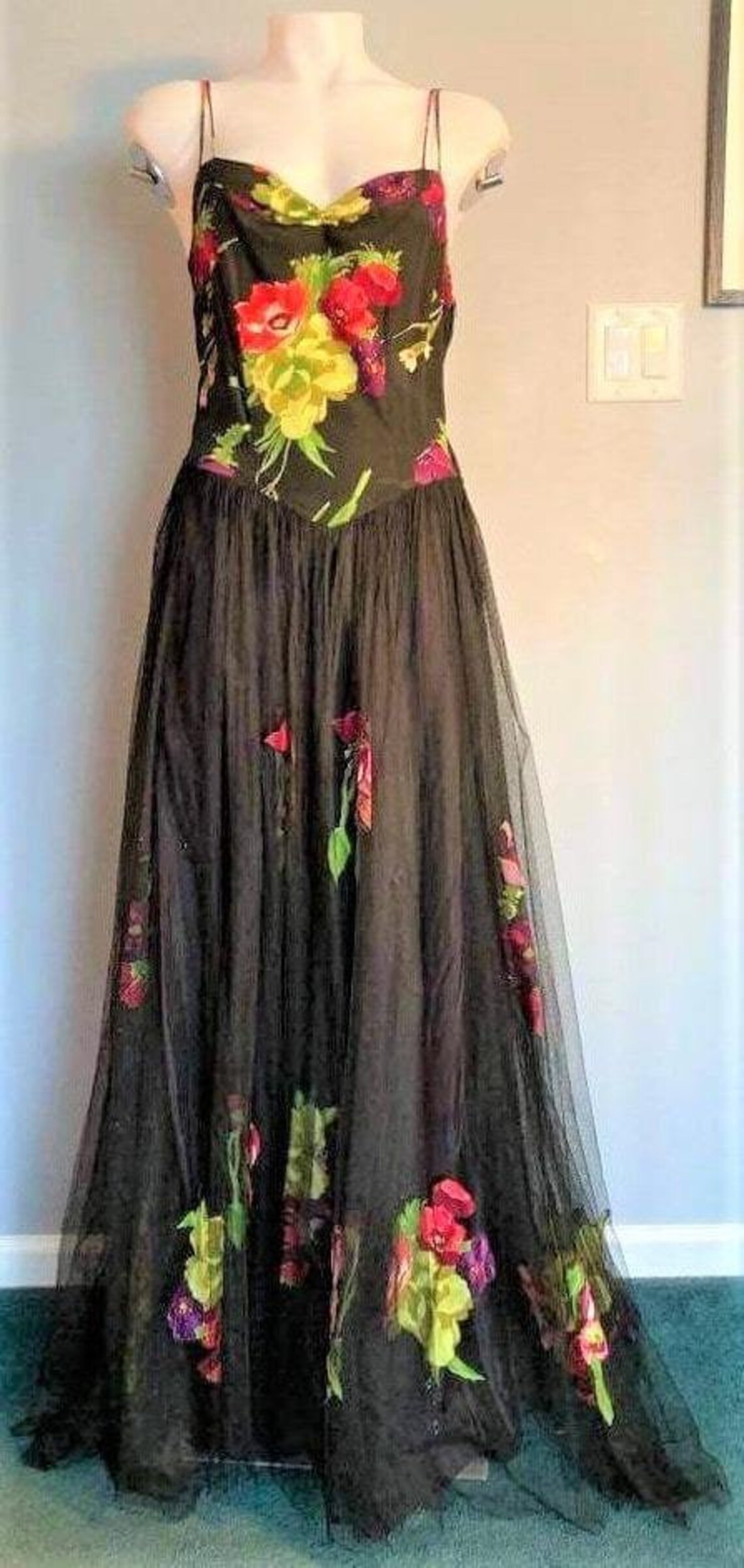 Vintage Gown 1930s 1940s Black Floral Print Silk Black Mesh Skirt With ...