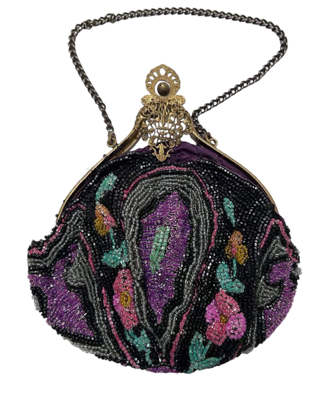 Antique Micro Beaded Purse Germany for Restoration Floral Design Purple ...