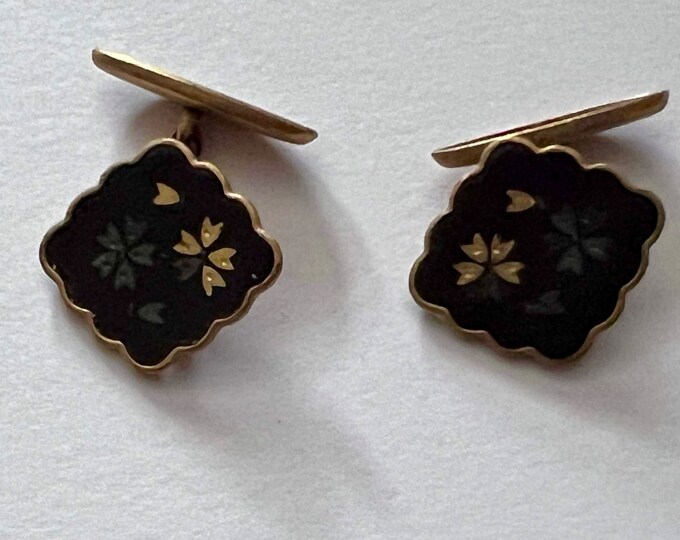Vintage Damascene Enamel Cufflinks Floral Design Scalloped Edges Double ...
