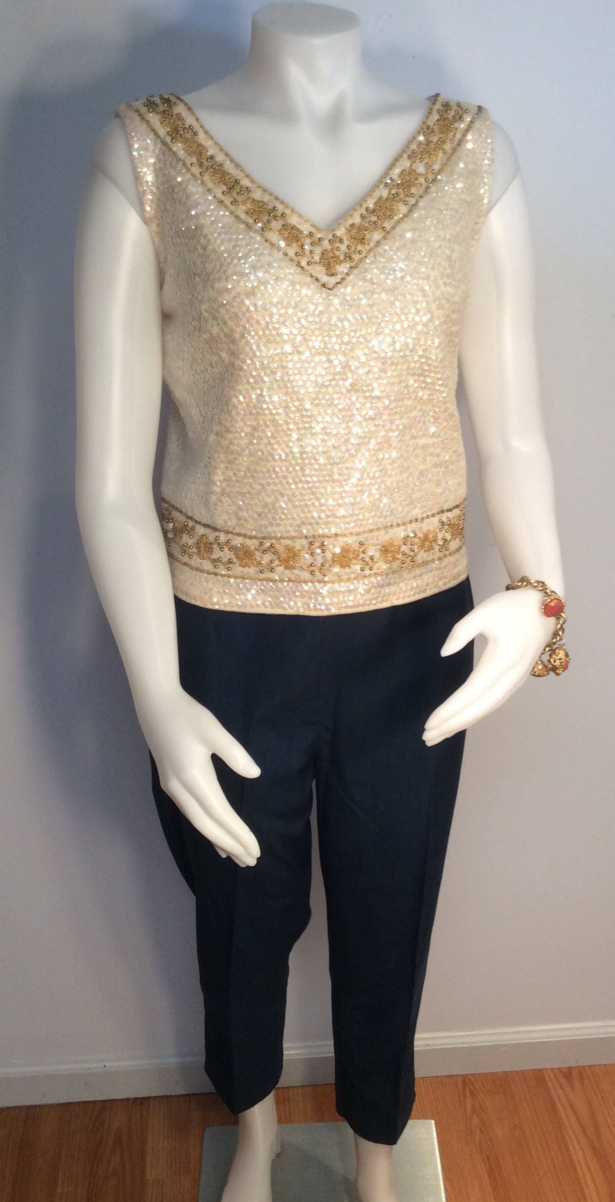 Sleeveless Gold Beaded and Sequin Top Vintage Size M White Rockabilly ...