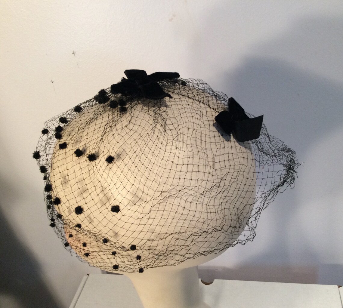 Vintage Whimsy Flocked Black Mesh Velvet Bows Fascinator - Etsy