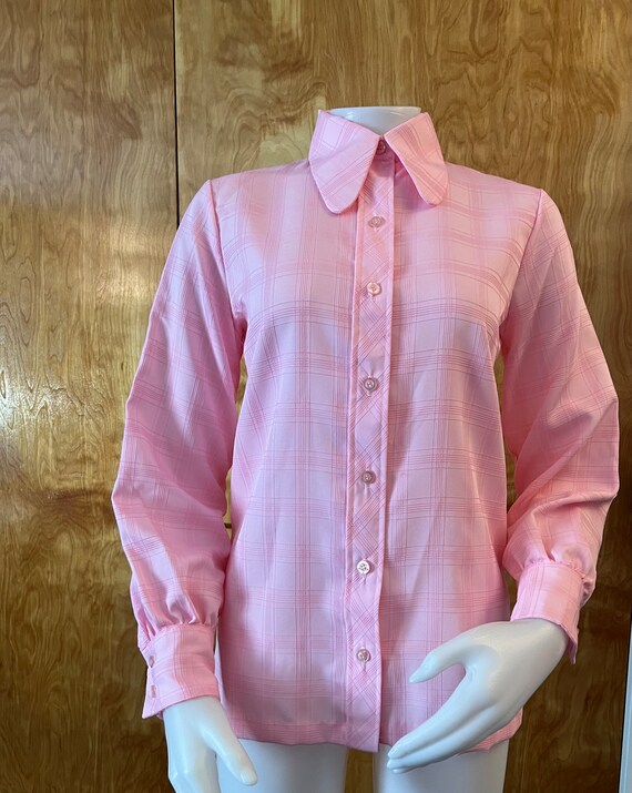 70s pink blouse, puff sleeve, vintage 60s 70s bow top… - Gem