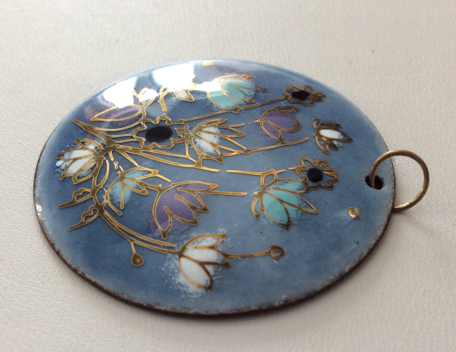 Gerte Hacker Enamelware Pendant RARE Vintage Blue Floral Gold - Etsy