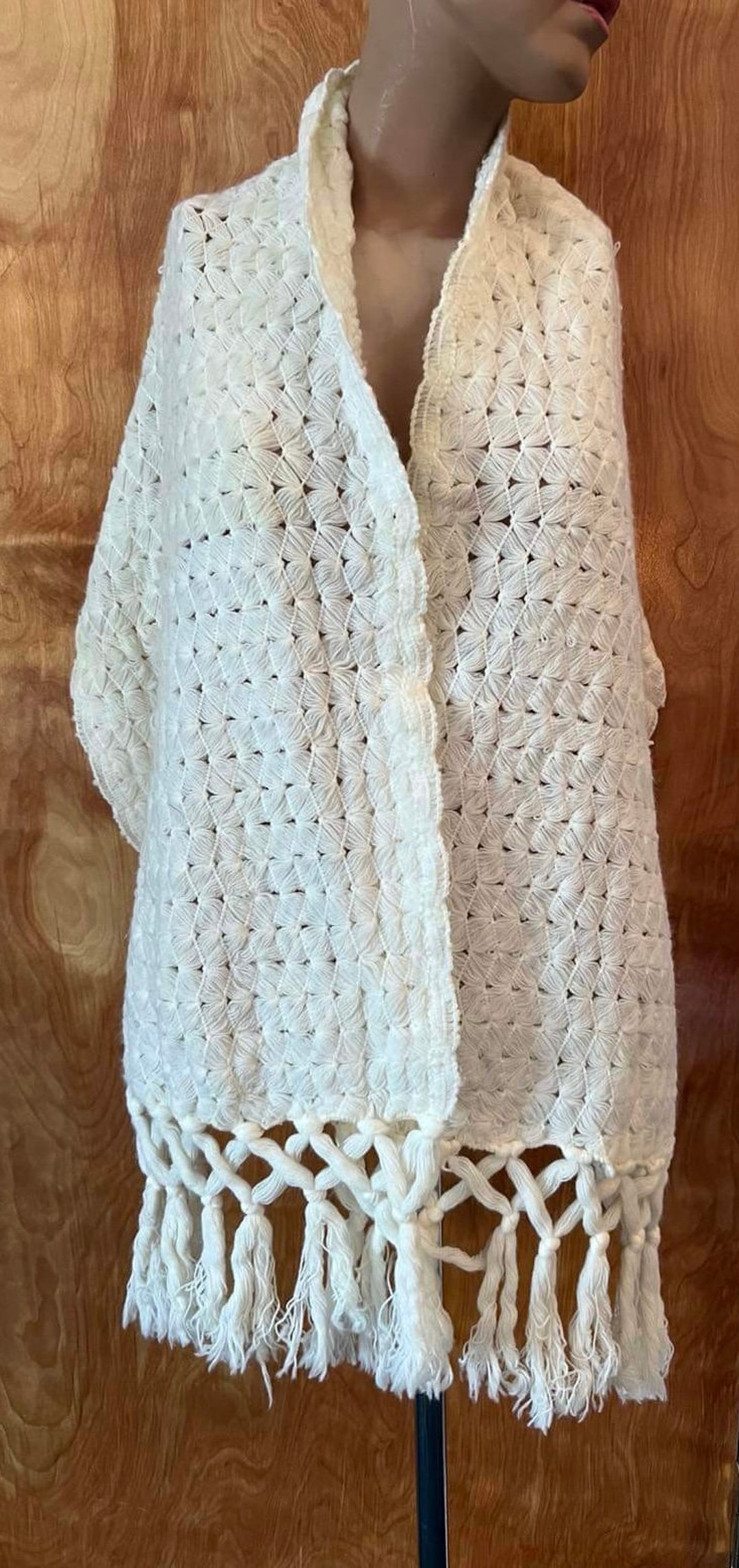 Vintage Long White Knit Shawl Scarf With Long Tassel Trim Cozy Wrap ...