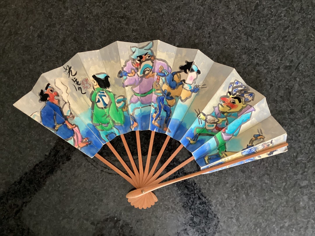 Japanese Hand Painted Fan Paper Wood Kabuki Art Vintage Paper Fan ...