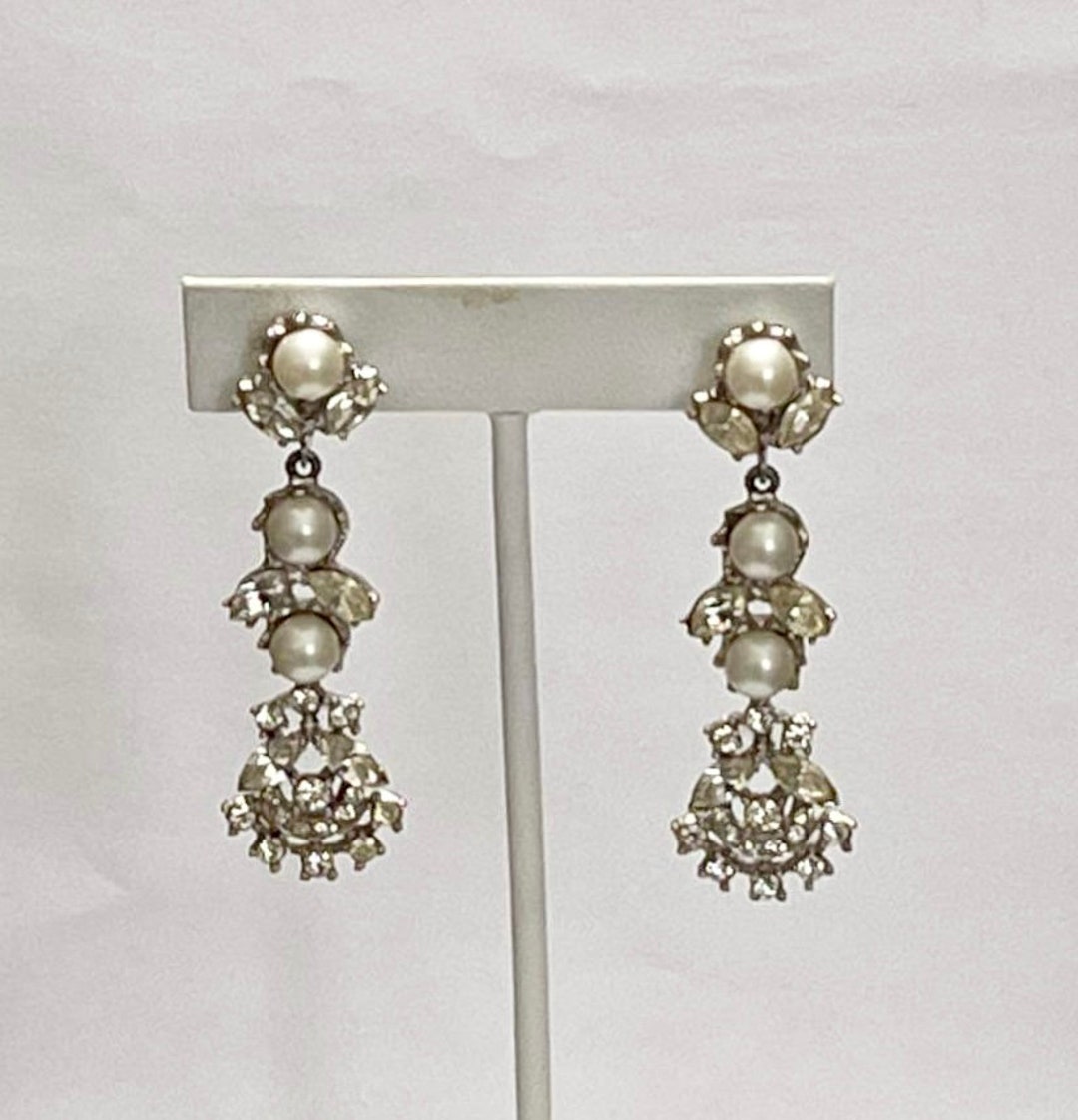 Rhinestone and Faux Pearl Dangle Drop Earrings Clip on Vintage Bride ...
