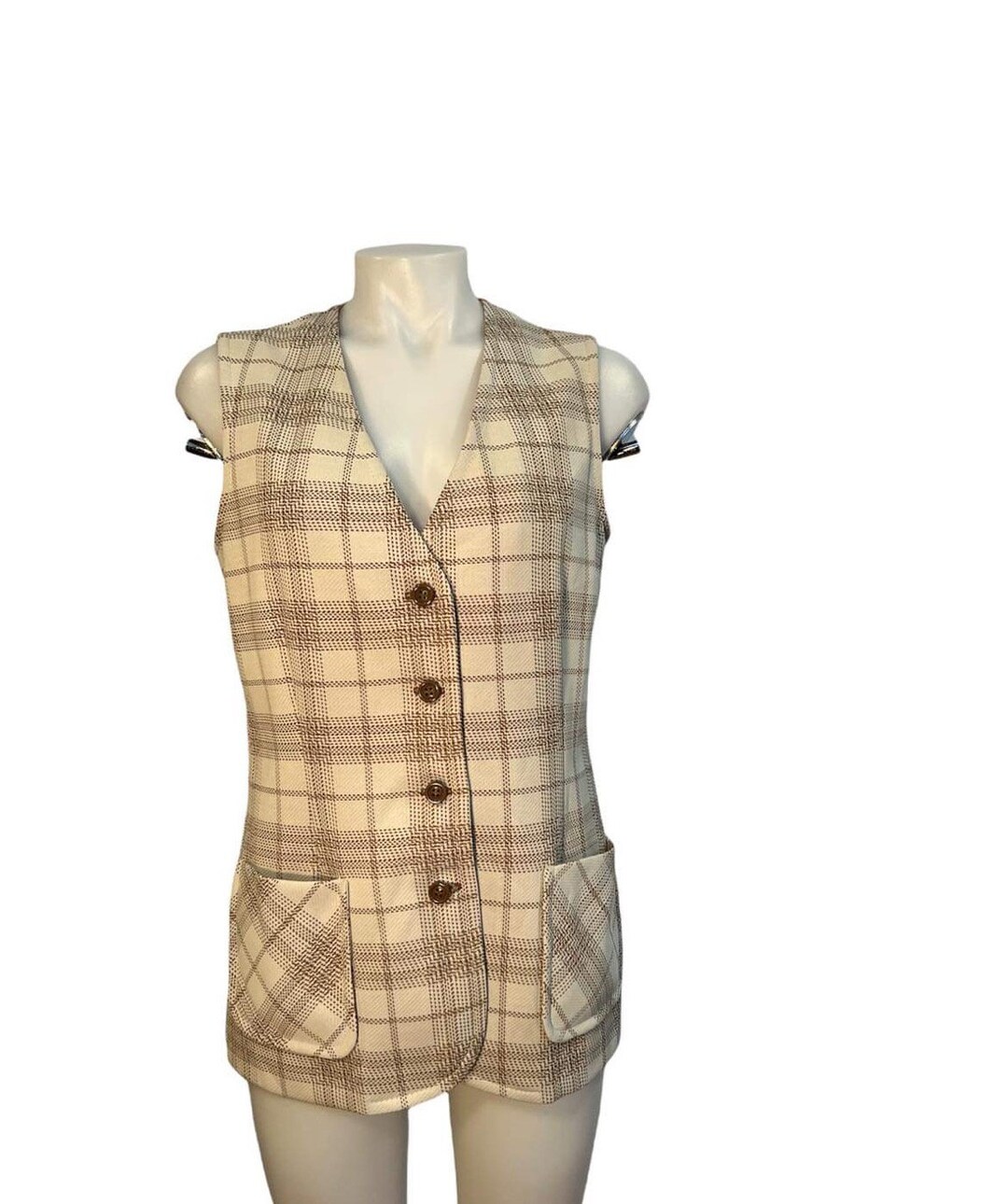Vintage Tunic Top 1970s Long Vest Sleeveless Brown Plaid Button Front ...