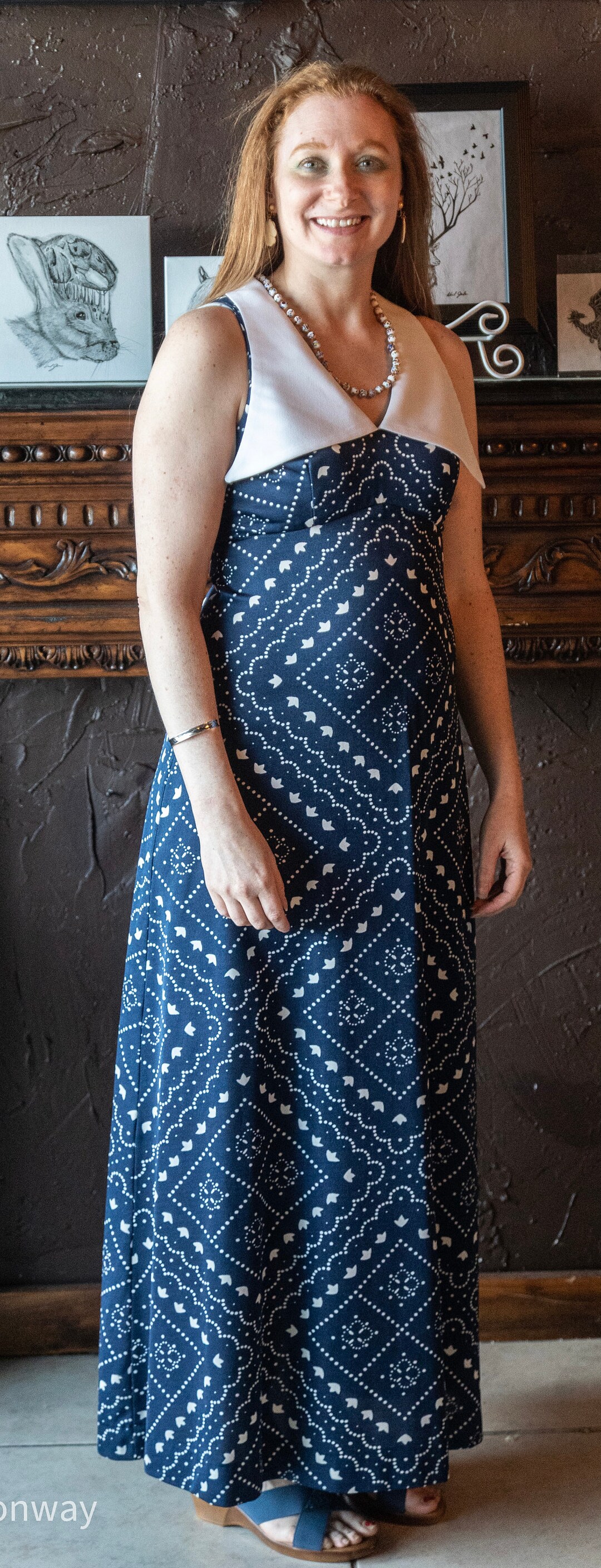 1970s Maxi Dress Kelly Arden Blue and White Abstract Print White Collar ...