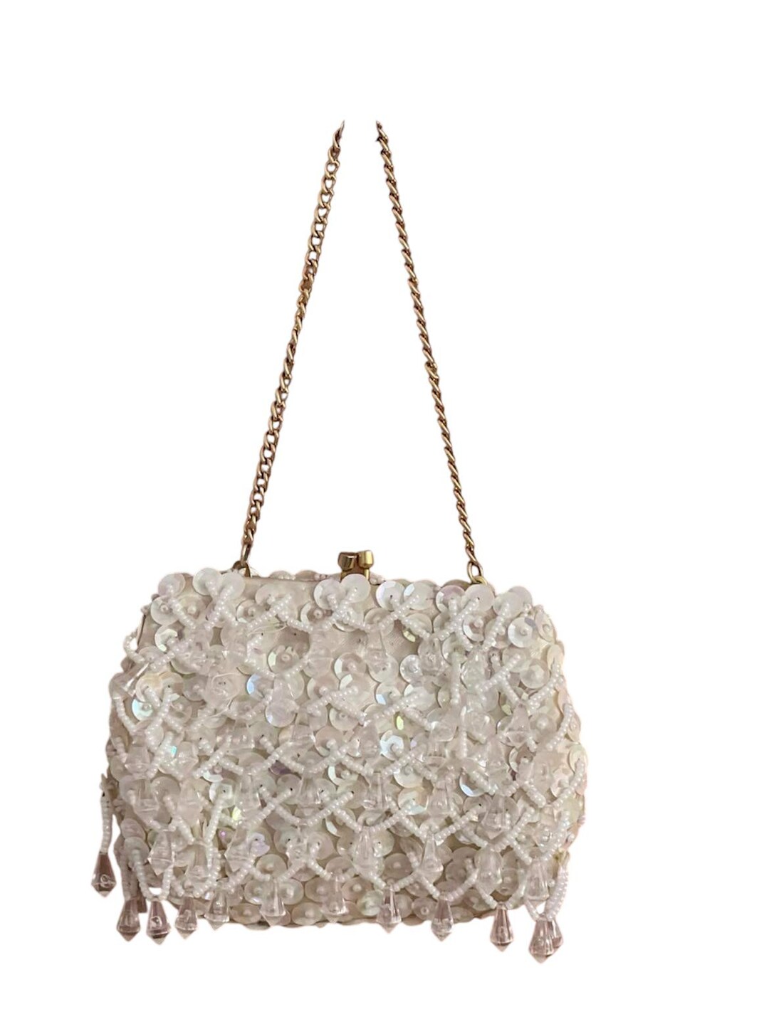 Vintage White Beaded Purse Iridescent Sequins Faux Pearls Dangling ...