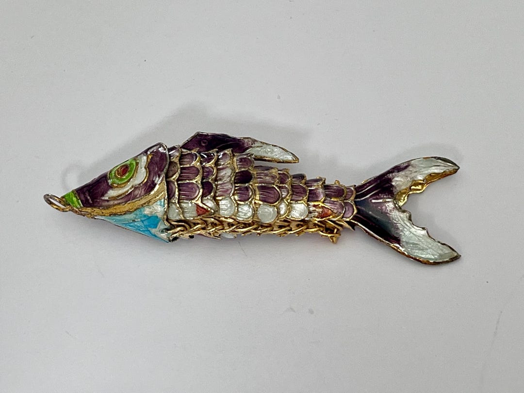 Vintage Cloisonné Articulated Fish Pendant Purple Enamel Large Fish ...