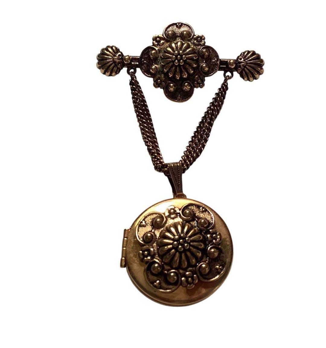 Victorian Revival Gold Brooch Locket Bar Pin With Dangling Locket ...