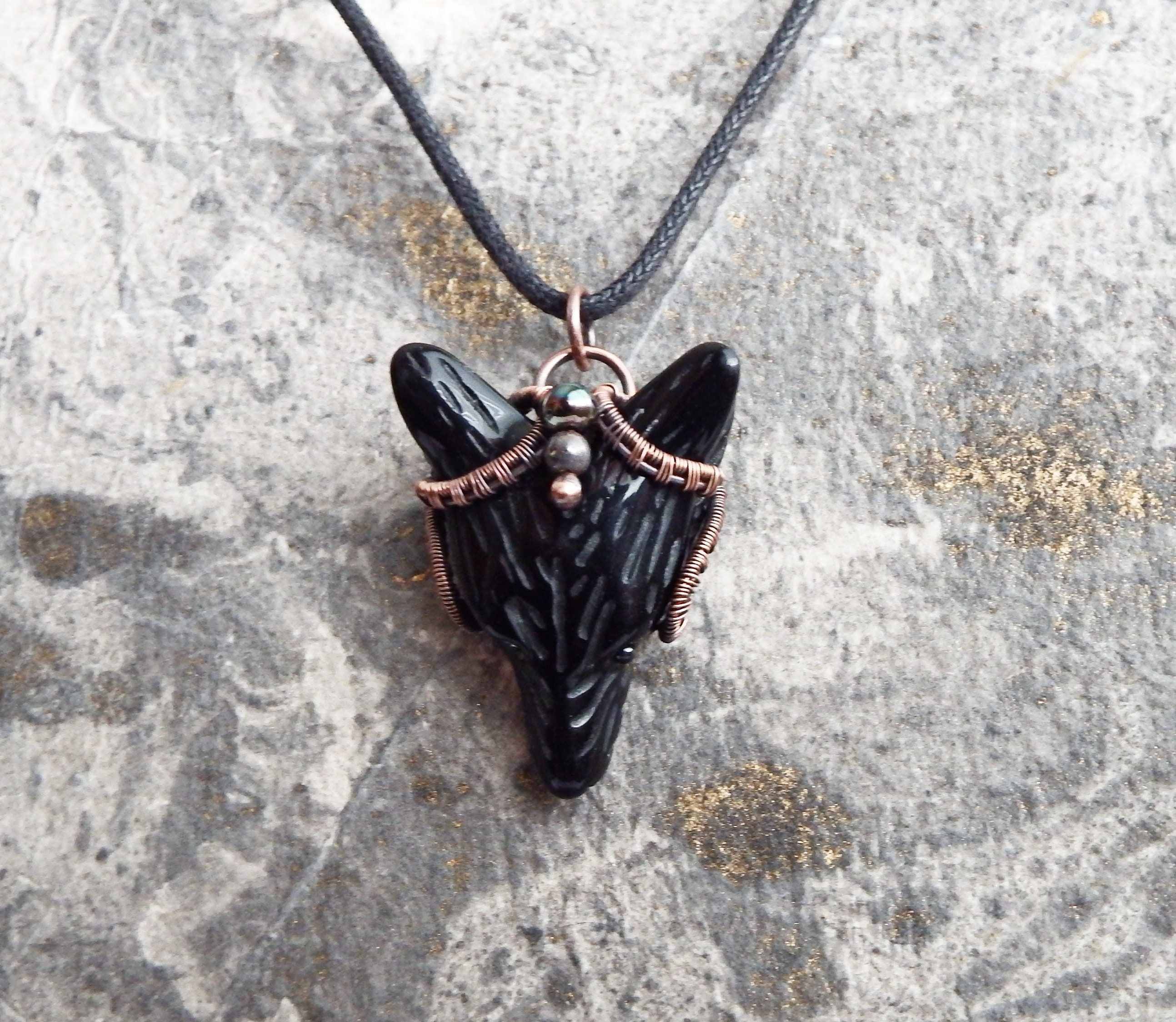 Black Obsidian Wolf Pendant, Wolf Head Necklace, Wire Wrapped Pendant ...