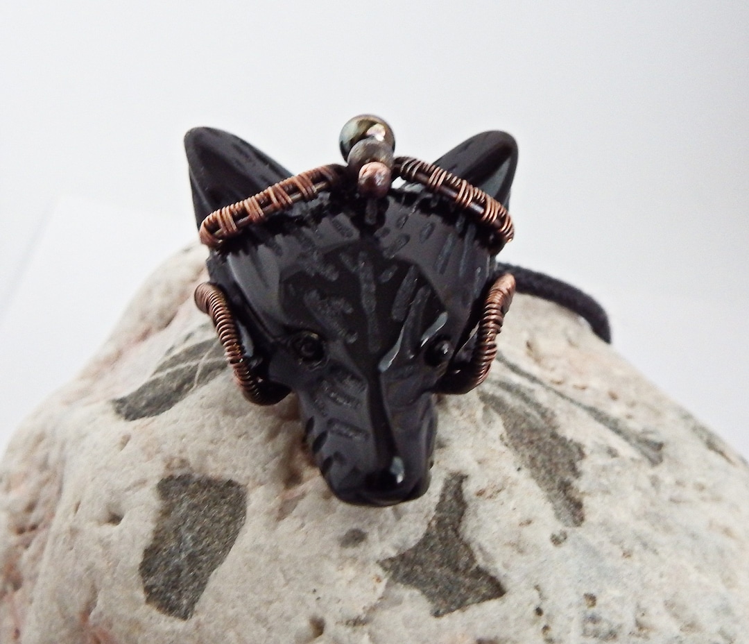 Black Obsidian Wolf Pendant, Wolf Head Necklace, Wire Wrapped Pendant ...
