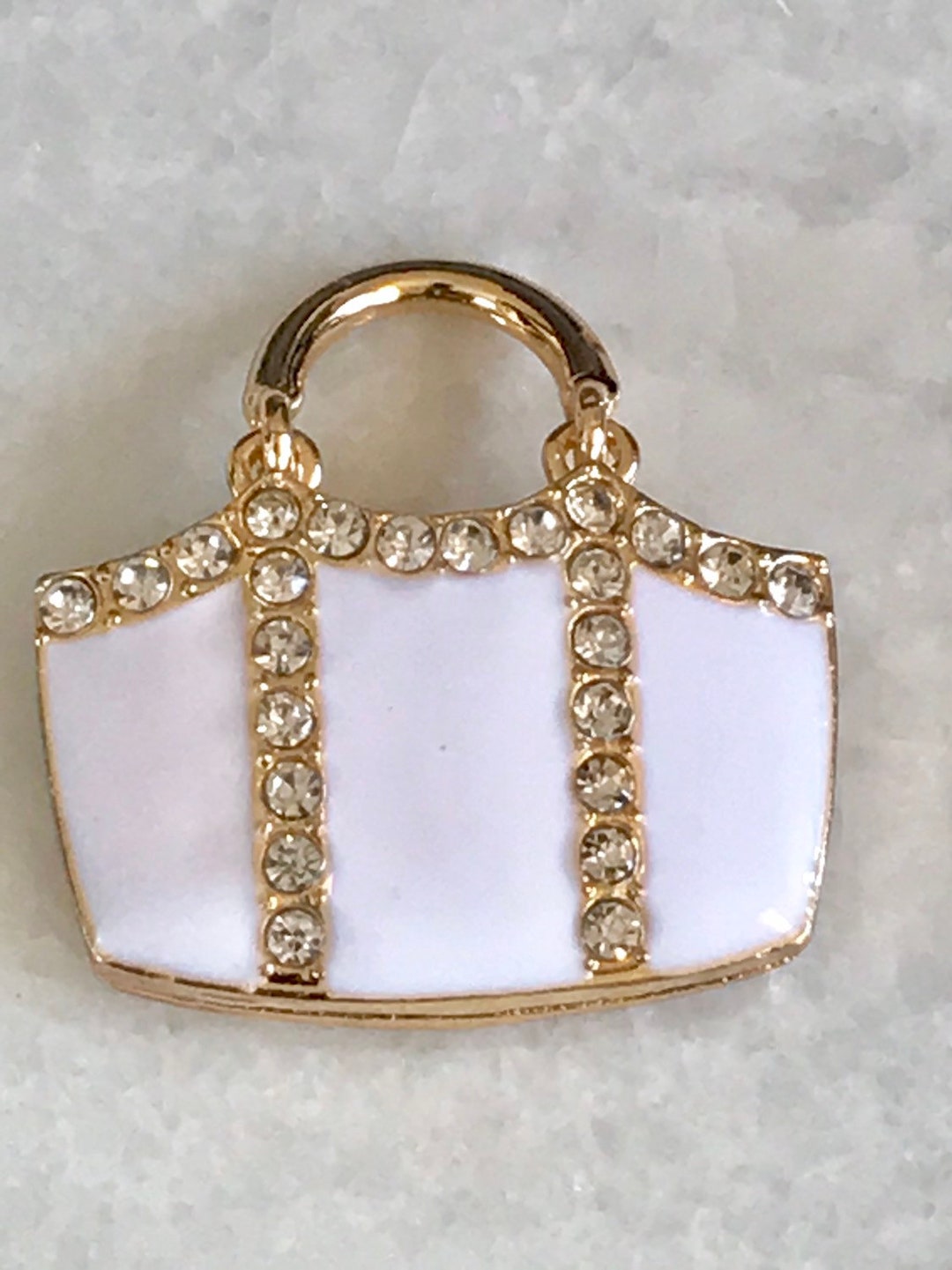 White Enamel and Rhinestones Large Handbag Pendant - Shiny - Pocketbook ...