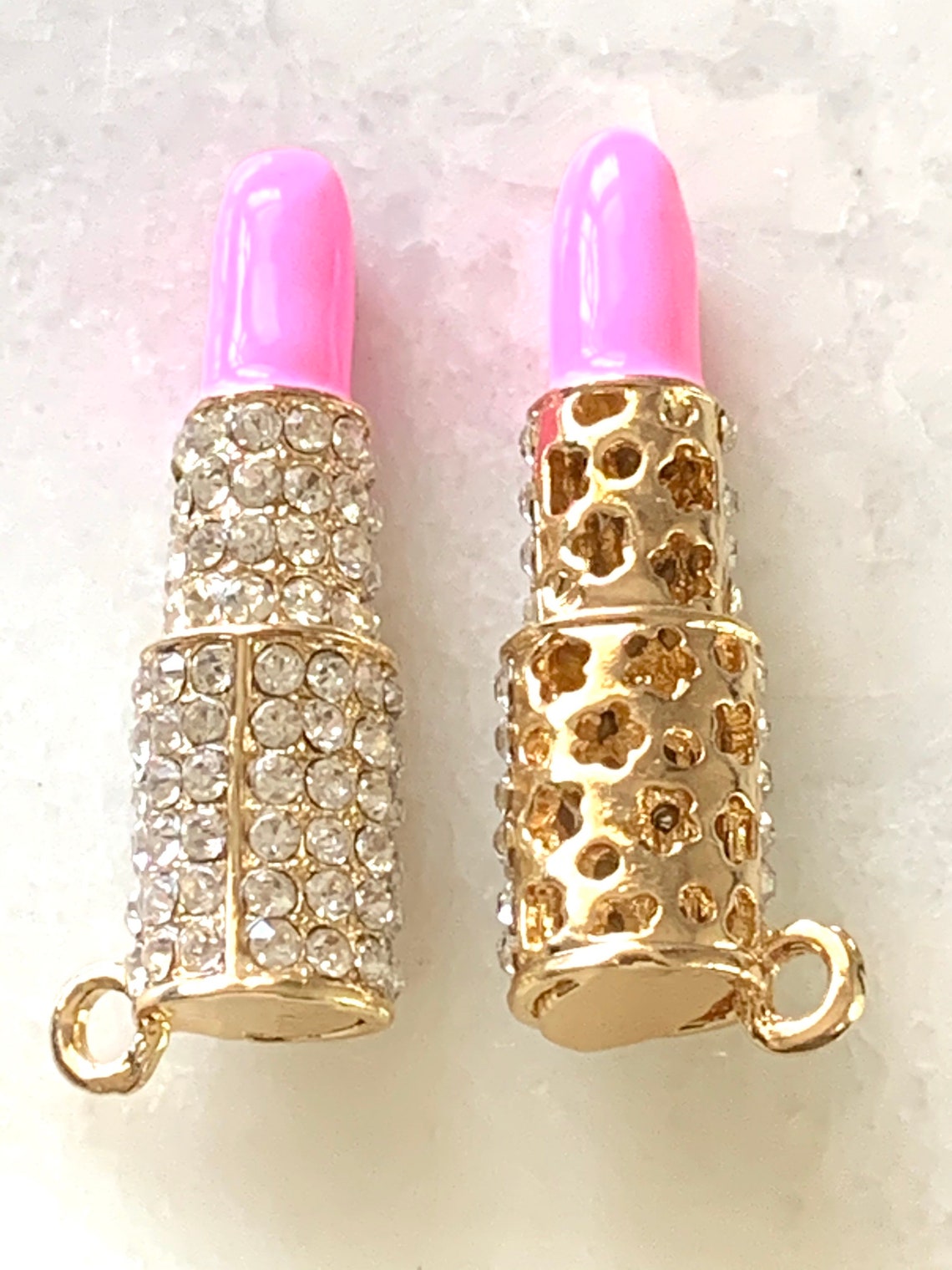 1 rhinestone pink lipstick charm pendant gold tone finish | Etsy