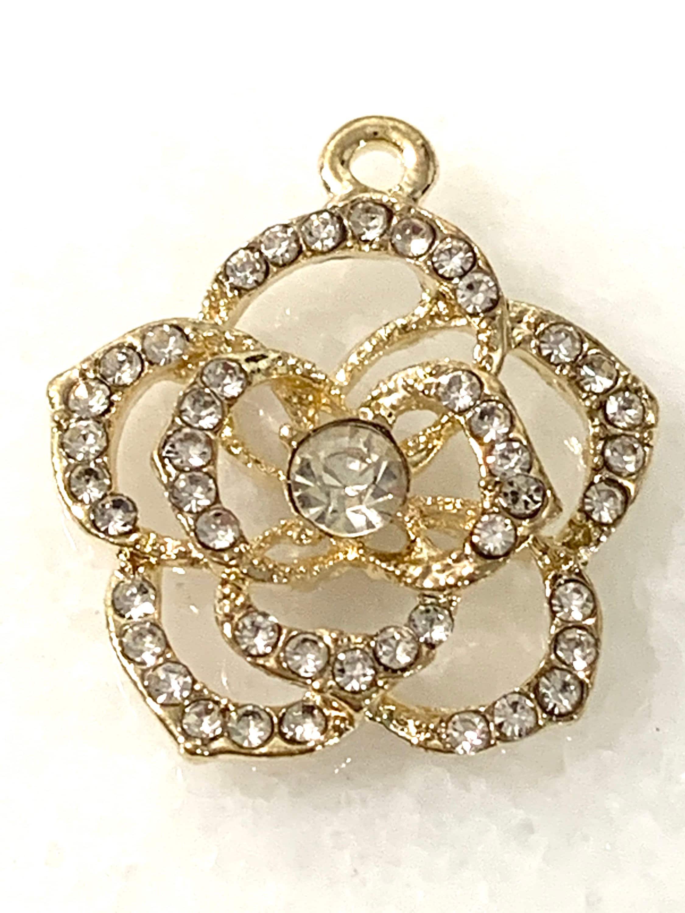 3 Rhinestone Gold Tone Flower Charms Rose Charms Open | Etsy