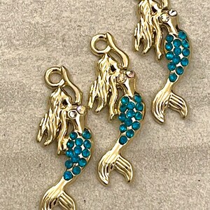 3 Beautiful Blue Turquoise Rhinestone Mermaid Charms Gold Plated - Etsy