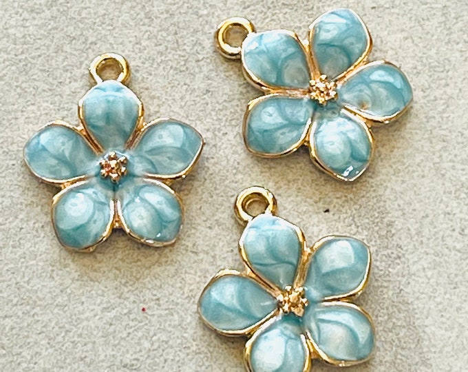 3 Dainty Light Blue Enamel and Gold Tone Flower Charms - Etsy