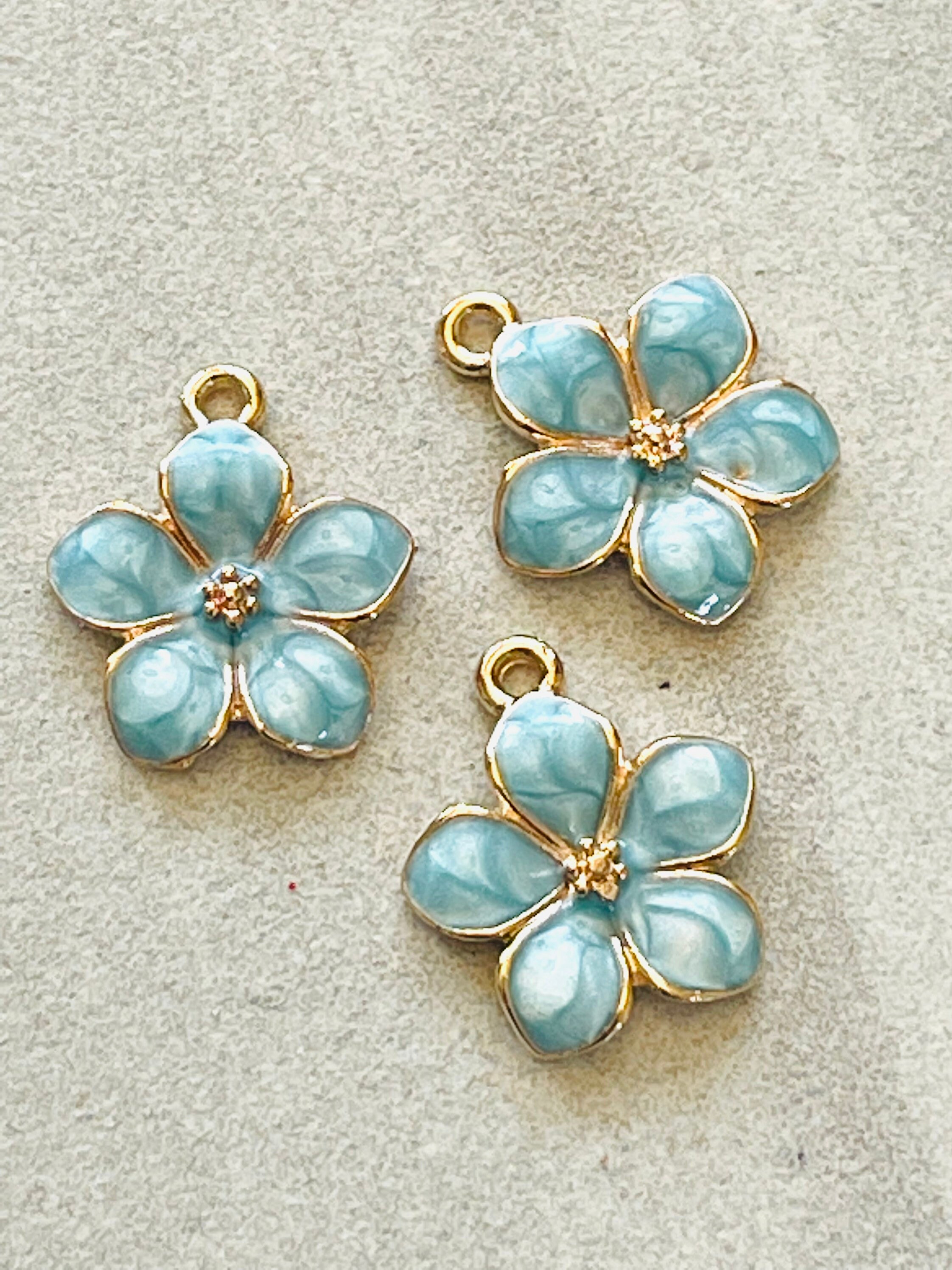 3 Dainty Light Blue Enamel and Gold Tone Flower Charms - Etsy