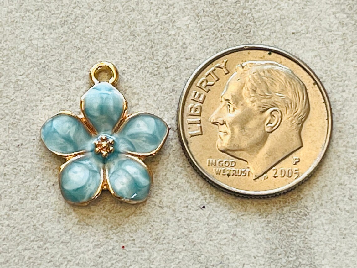 3 Dainty Light Blue Enamel and Gold Tone Flower Charms - Etsy