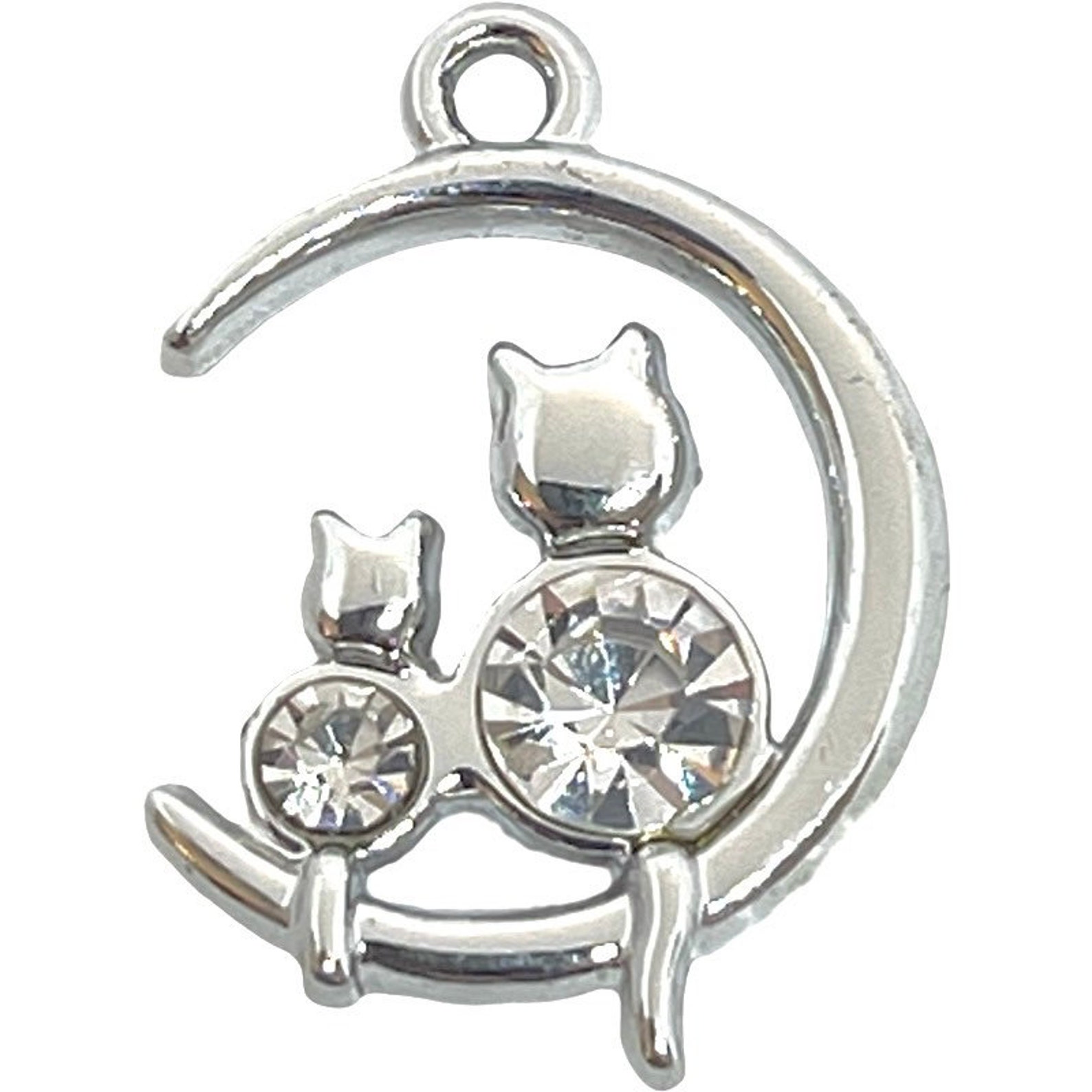 3 Rhinestone Cat Sitting on Moon Charms - 2 Cats - Rhinestone Bodies ...