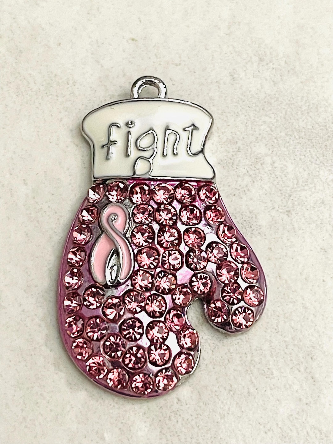 1 Pink Rhinestones Fight Boxing Glove, White Enamel With Silver Accents ...